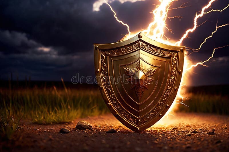 Golden Shield Struck by Lightning, Defense Protection Concept Stock ...