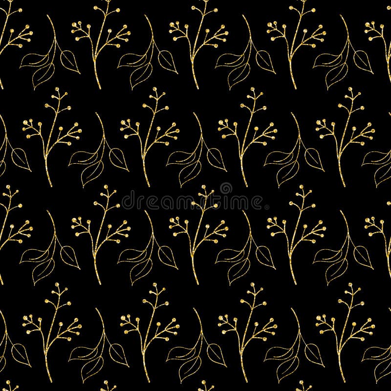 Golden Shimmer Glitter Twig with Leaves Seamless Pattern for Textile ...