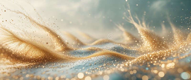 Golden Shimmering Particles Flowing Over Abstract Landscape. Stock ...