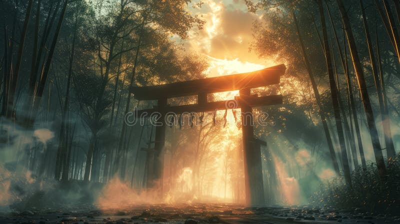 Golden Shinto Torii Gate in the Midst of a Misty Bamboo Forest, Rays of ...