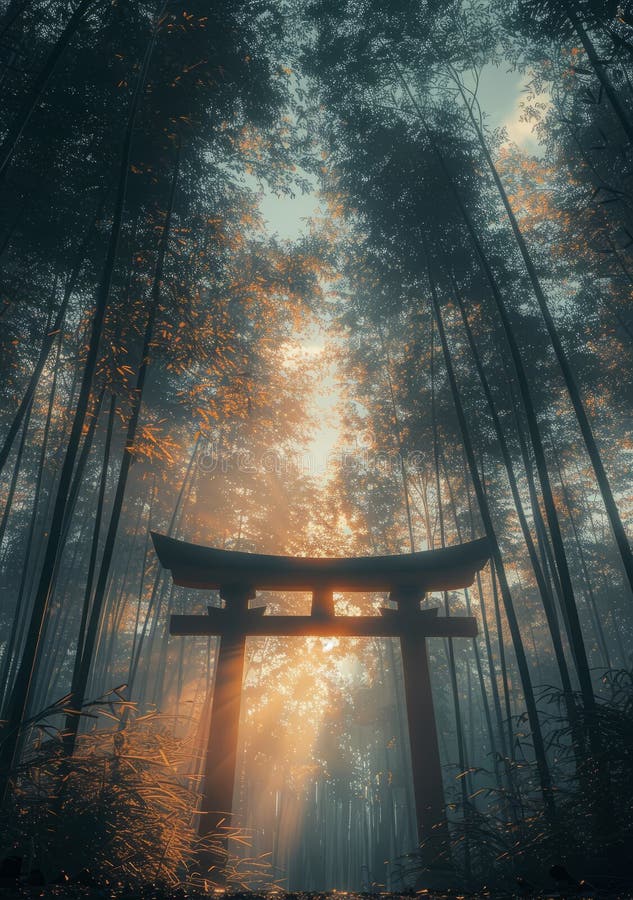 Golden Shinto Torii Gate in the Midst of a Misty Bamboo Forest, Rays of ...