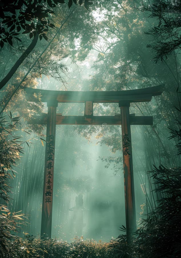 Golden Shinto Torii Gate in the Midst of a Misty Bamboo Forest, Rays of ...