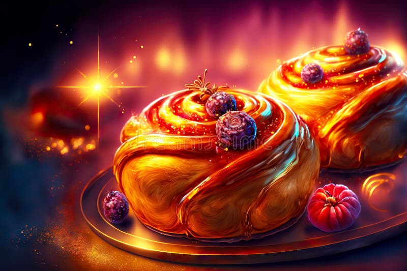 Golden Shiny Cinnamon Buns with Berry and Fruit Jam Stock Illustration ...