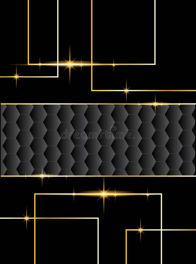 Golden Shiny Square Shapes on Black with Hexagons Background Stock ...