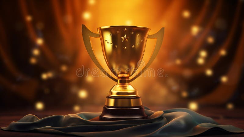Golden Trophy Placed on Wooden Table Wavy Cloth Background Stock ...