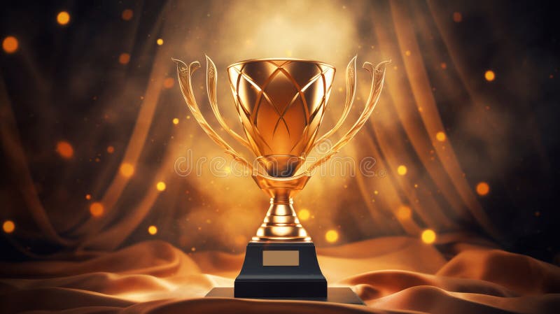 Golden Trophy Placed on Wooden Table Wavy Cloth Background Stock ...