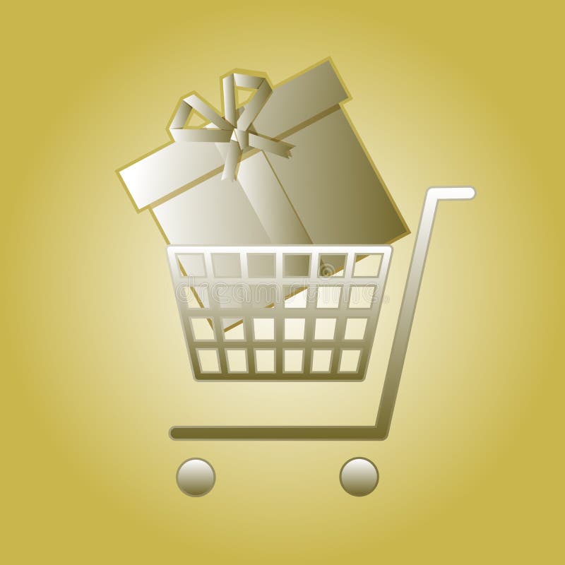 Golden Shopping Cart with Gift Box Stock Vector - Illustration of icon ...