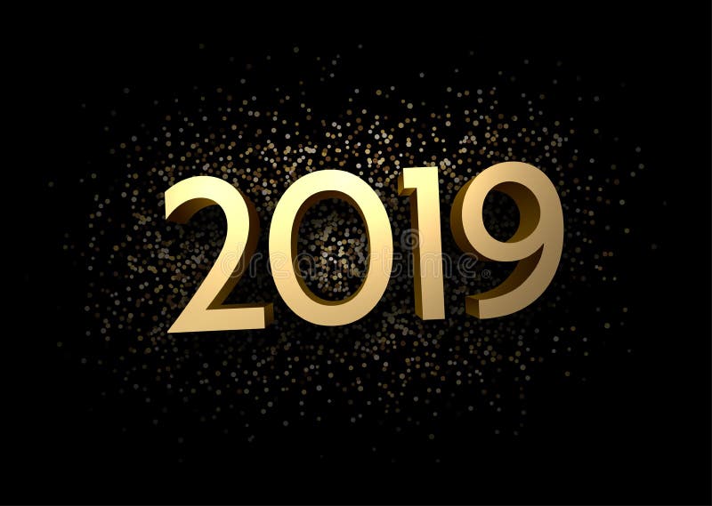Golden 2019 Numbers on the Glittering Confetti and Dots on Black Stock ...