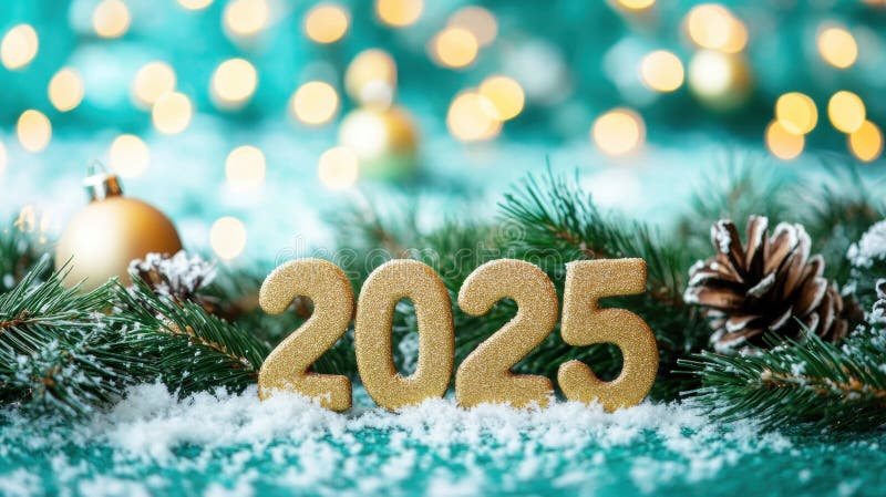 Golden 2025 Sign on Green Festive Background with Snowy Branches Stock ...