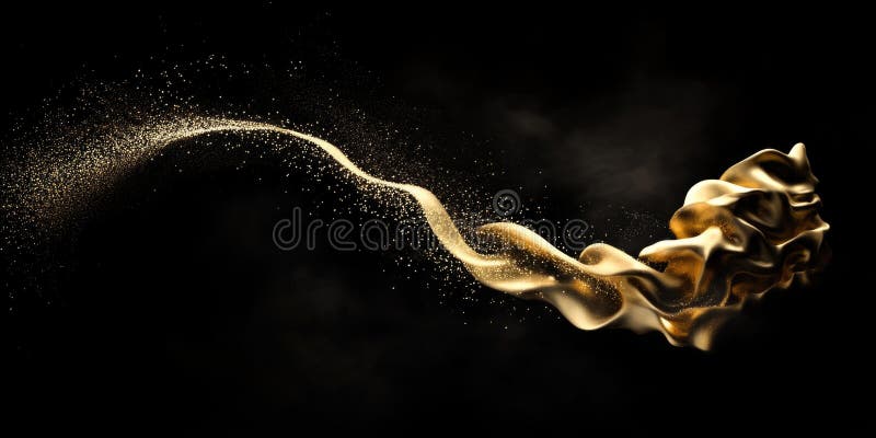 Golden Silk in Motion with Floating Glitter on Black Background Stock ...