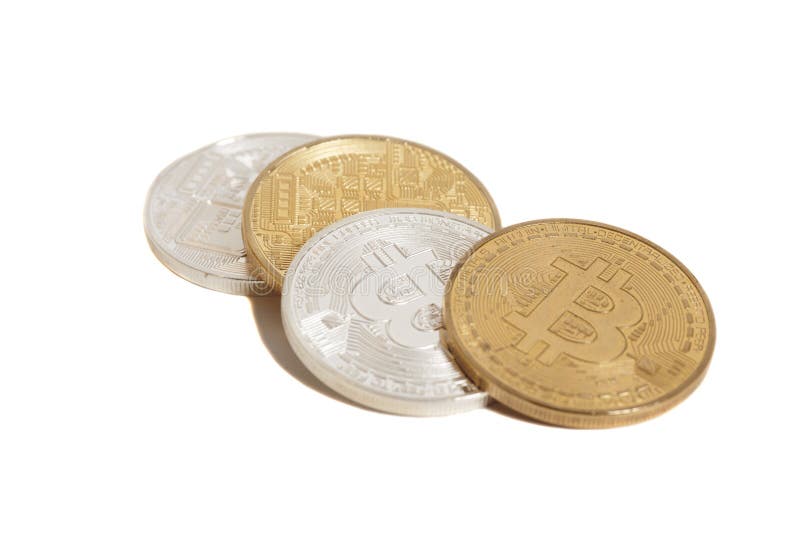 Golden and Silver Bitcoin Coins and One Hundred Dollar Banknote Stock ...
