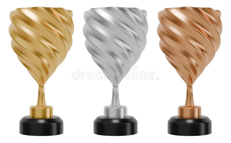 Golden, Silver and Bronze Winner Cup Set. Realistic Trophy Awards. 3D ...