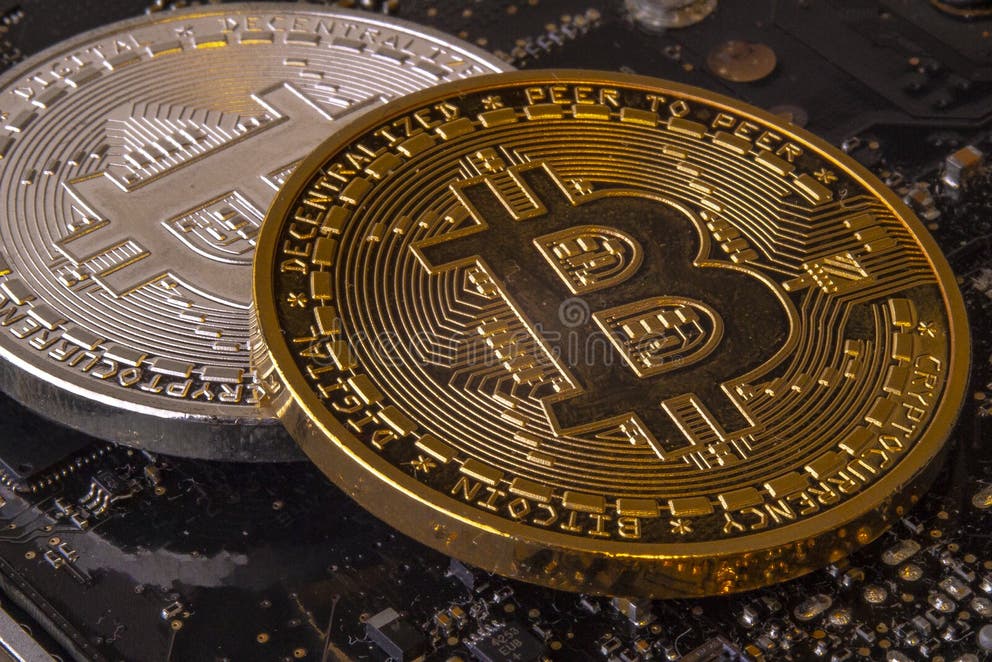 Golden and Silver Coins or Bitcoin on Black Chip Stock Image - Image of ...