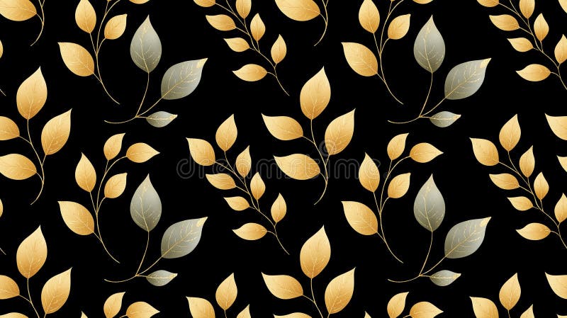 Golden and Silver Leaf Pattern on Black Background Elegant Seamless ...