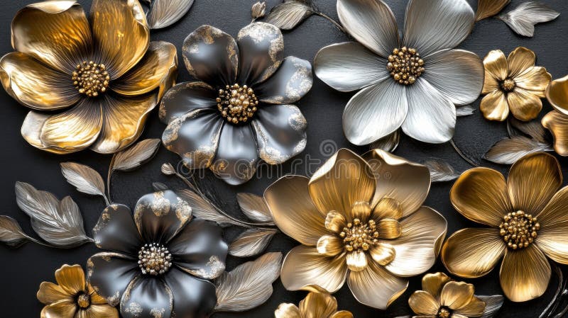 Golden and Silver Metallic Flowers on Black Background Stock ...