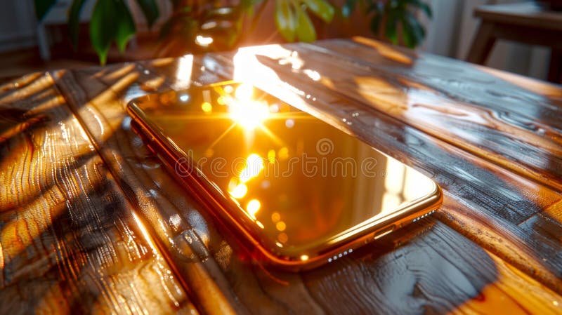 Golden Smartphone on Wooden Table with Sunlight Reflections. Bright and ...