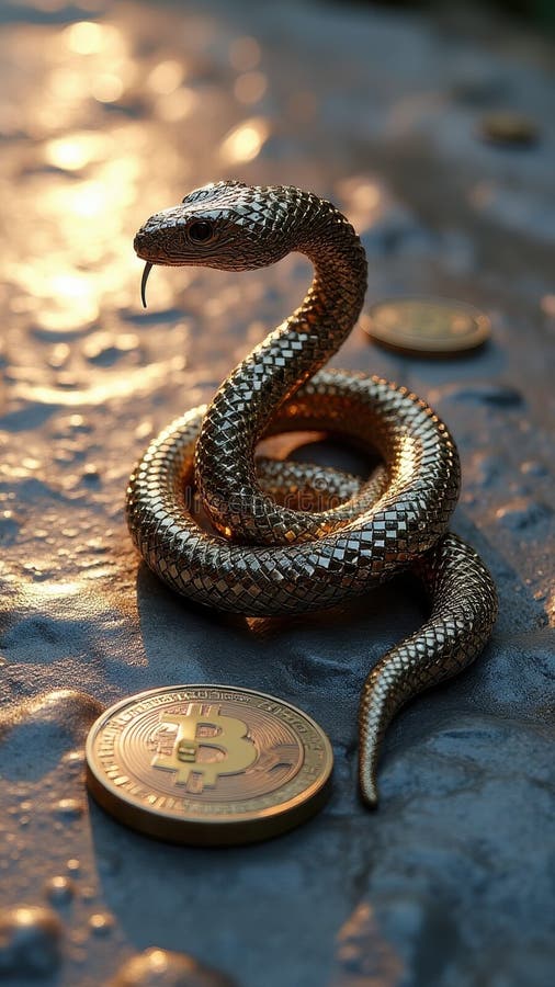 Golden Snake with Bitcoin Coins on Stone Surface at Sunset Stock Image ...