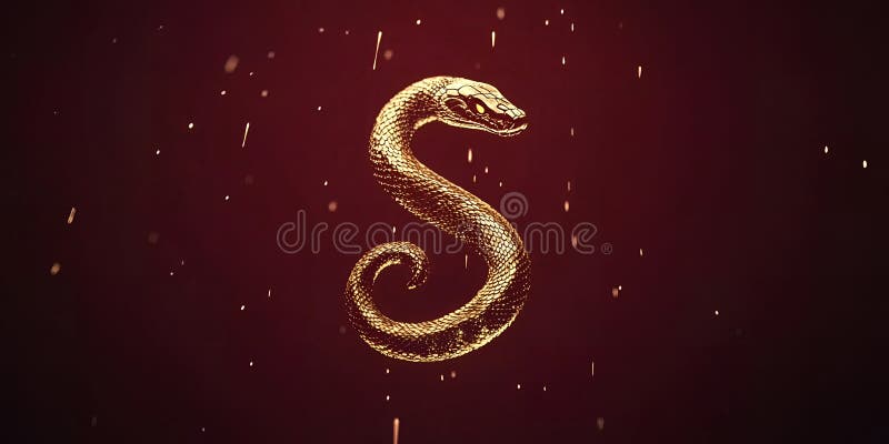Golden Snake Coiled Elegant Design Red Background Sparkling Particles ...