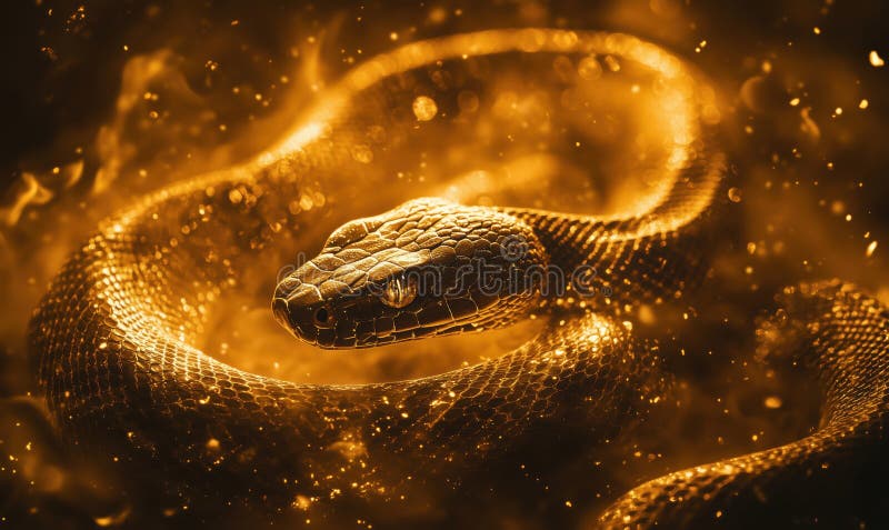 Golden Snake Coiled in Fiery Background with Dramatic Lighting and ...