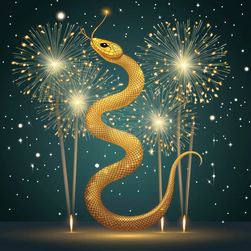 Golden Snake with Fireworks in Background, Symbolizing Celebration and ...