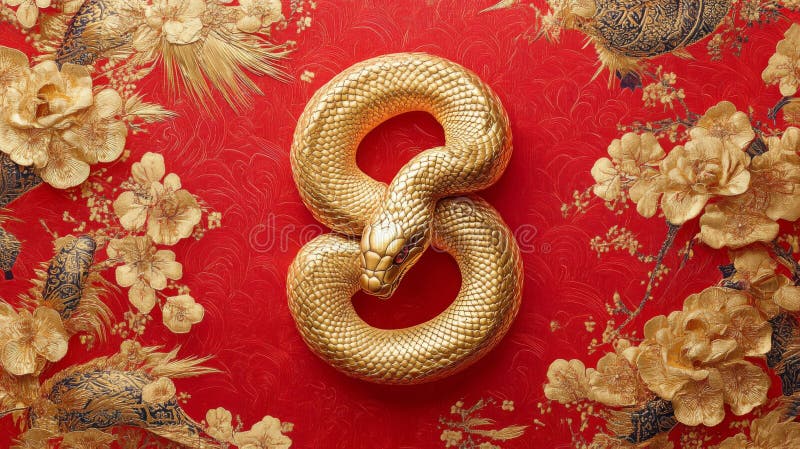 Golden Snake Forming Number Eight Red Floral Background Stock ...