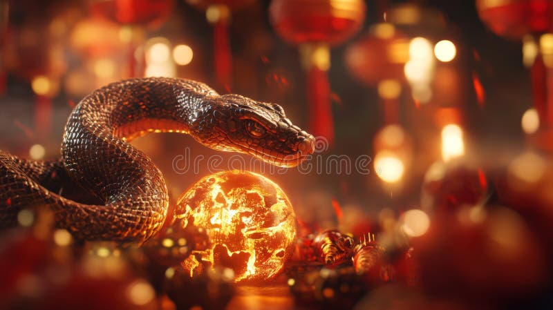 Golden Snake with Glowing Orb Amidst Red Festive Lights Stock ...