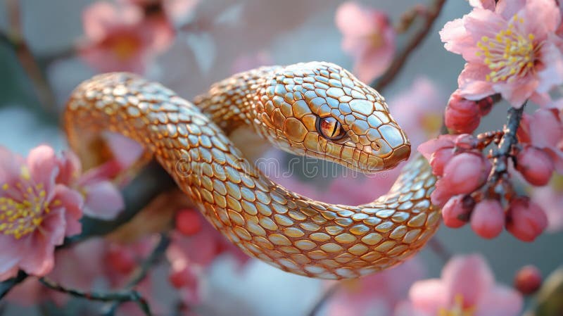 Golden Snake among Pink Blossoms Stock Illustration - Illustration of ...