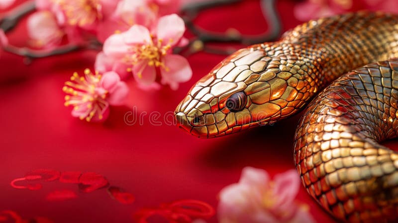 Golden Snake with Pink Blossoms on Red Fabric Stock Illustration ...