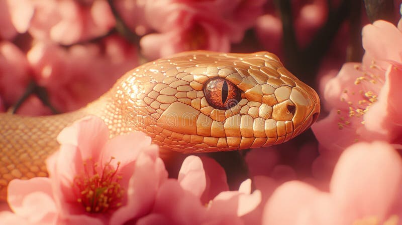 Golden Snake among Pink Blossoms a Serene Scene Stock Illustration ...