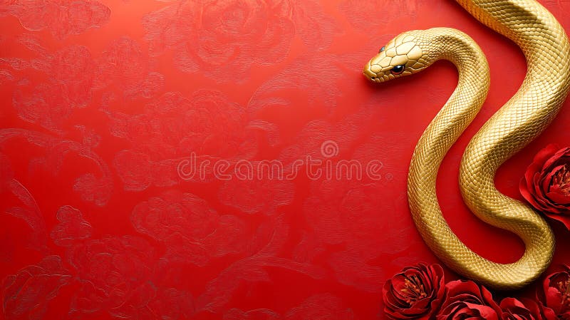Golden Snake with Red Roses on Red Textured Background Stock ...