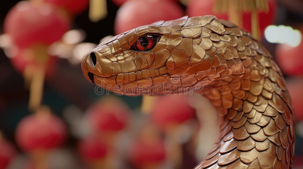 A Golden Snake Statue Illuminated by Red Lanterns in the Background ...