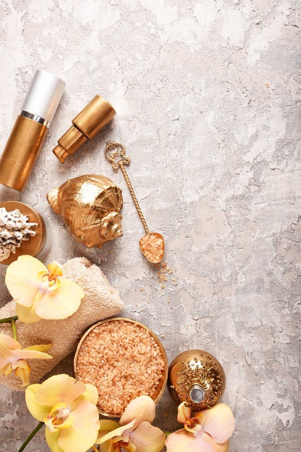 Golden Spa Concept with Orchid, Shells, Sea Salt. Top View. Stock Image ...