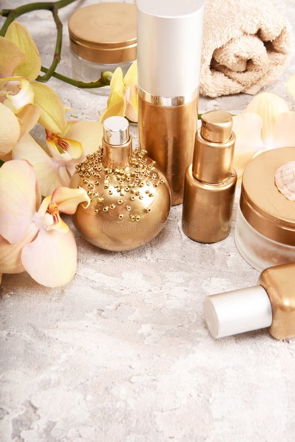 Golden Spa Concept with Orchid, Shells, Sea Salt. Top View. Stock Image ...