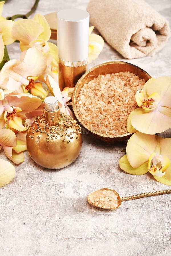 Golden Spa Concept with Orchid, Shells, Sea Salt. Top View. Stock Image ...