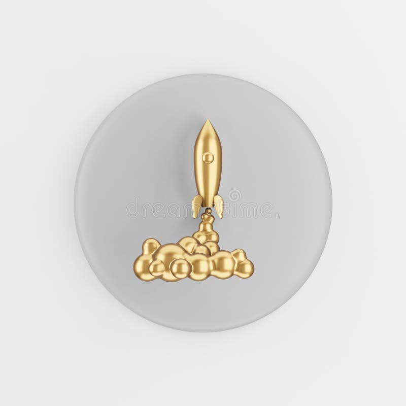 Golden Space Rocket Launch Icon. 3d Rendering Gray Round Key Button ...