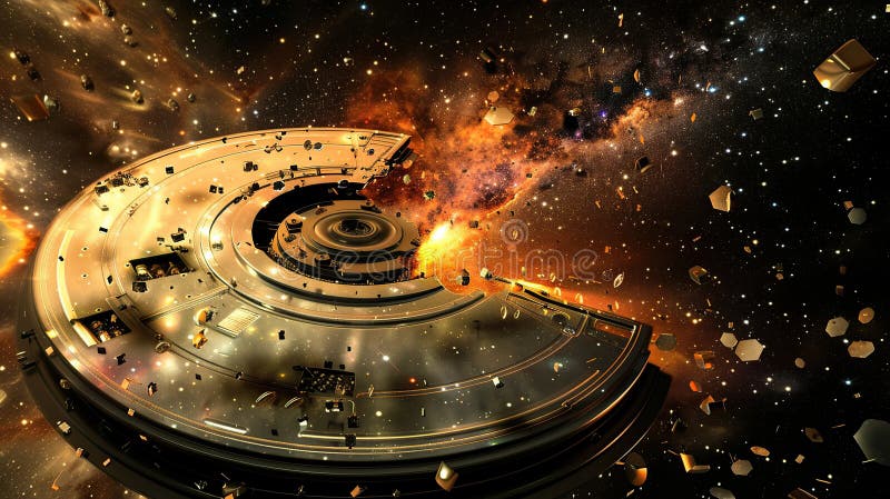 Golden Spacecraft Exploding in a Cosmic Nebula Stock Illustration ...