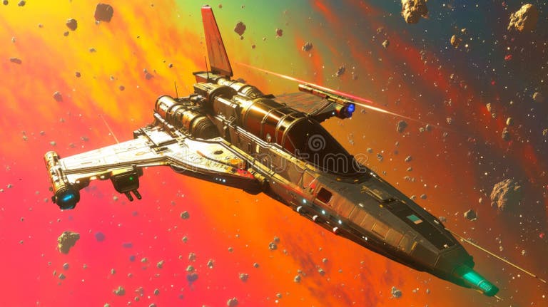 Golden Spaceship Navigating through a Vibrant Asteroid Field in Deep ...
