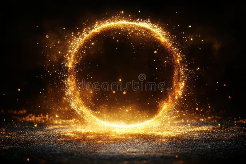 Golden Sparkle Circle Frame with Firework Confetti and Light Particles ...