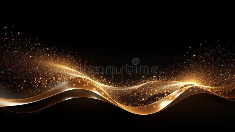 Golden Sparkle Wave on Black Background with Bokeh Stock Illustration ...