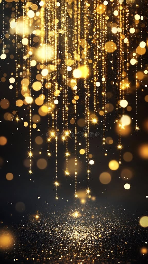 Golden Sparkles and Light Strands Falling on Dark Background Stock ...
