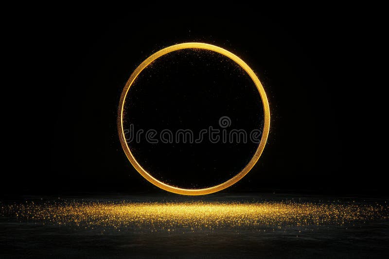 Golden Sparkling Firework Confetti Circle Frame on Black Background ...