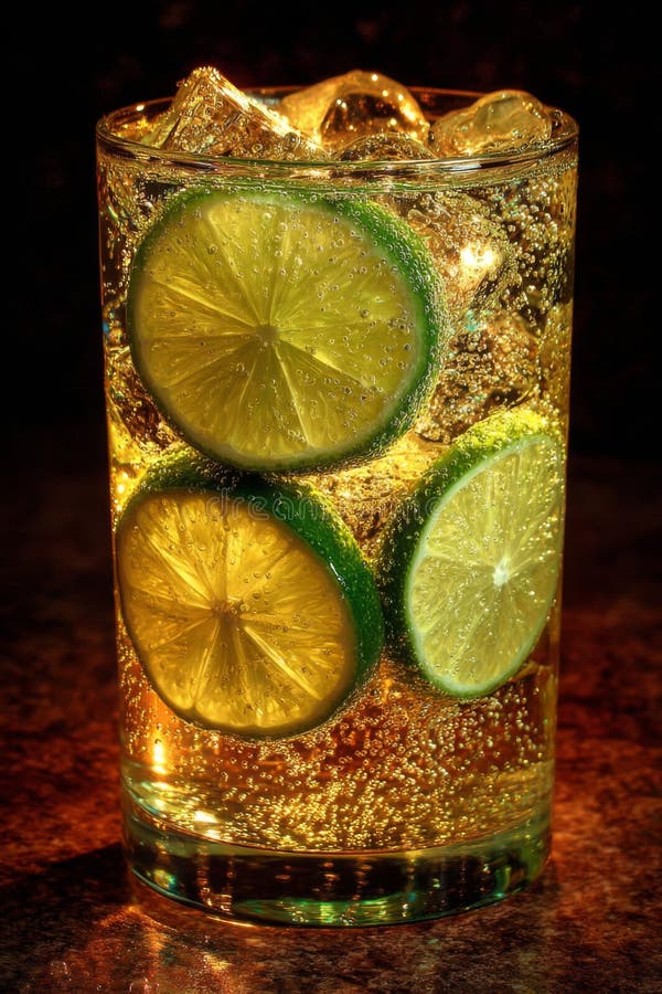 Golden Sparkling Lime Drink in Glass with Ice Stock Illustration ...