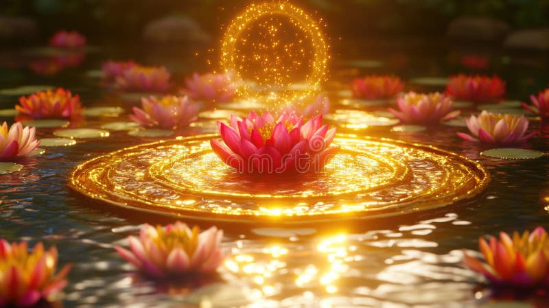 Golden Sparkling Lotus Blossoms on Tranquil Water Surface Stock Photo ...