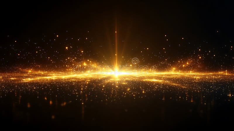 Golden Sparkling Particles Rising from a Central Light Source on Dark ...