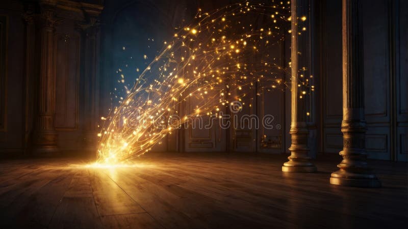 Golden Sparks Fly Across a Dark Elegant Room Stock Illustration ...