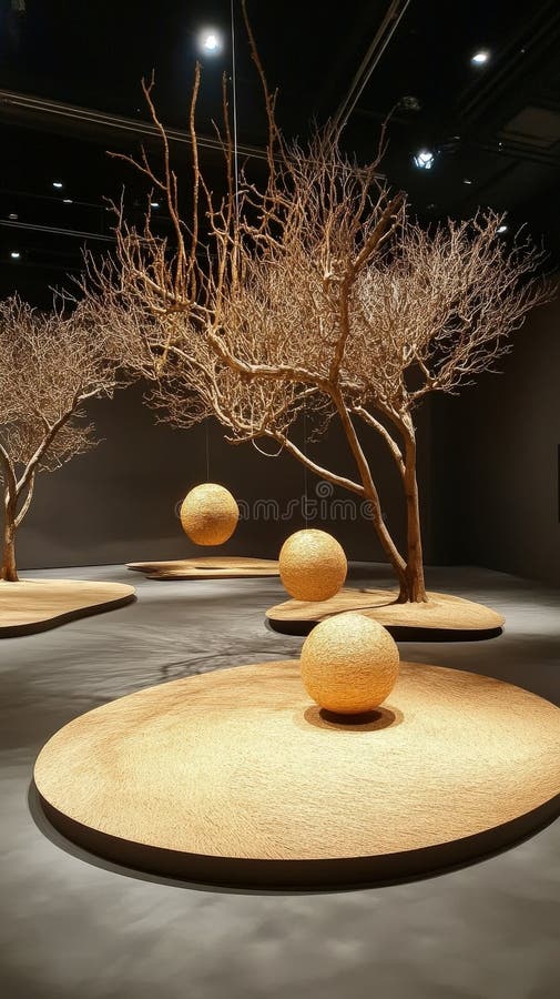 Golden Sphere Art Installation with Trees Stock Illustration ...