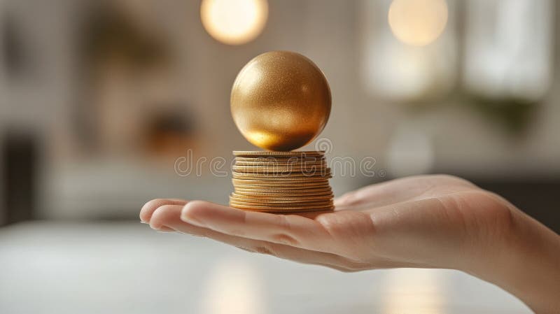 Golden Sphere Balanced on a Stack of Coins on a Hand. Stock Image ...