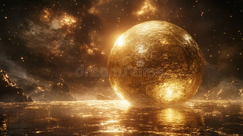 Golden Sphere in Cosmic Landscape Stock Illustration - Illustration of ...