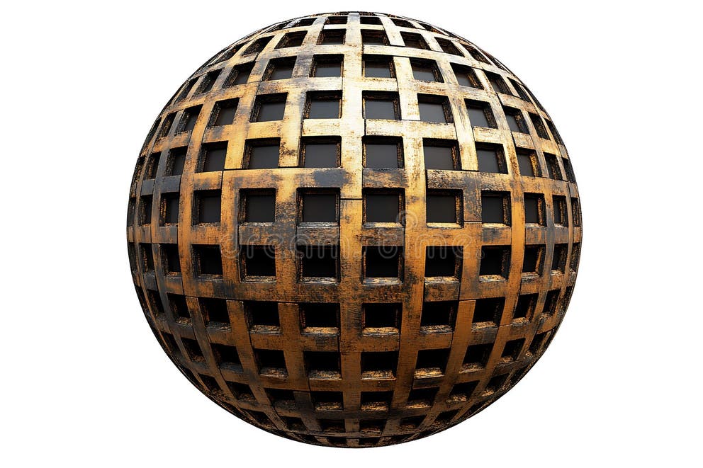 Golden Sphere with Grid Pattern Isolated on White Background Stock ...