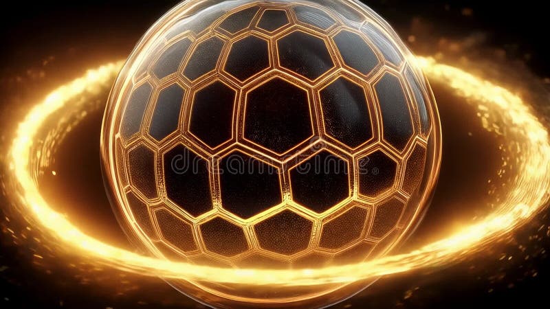Golden Sphere with Hexagonal Pattern and Sparkling Glow Stock Video ...